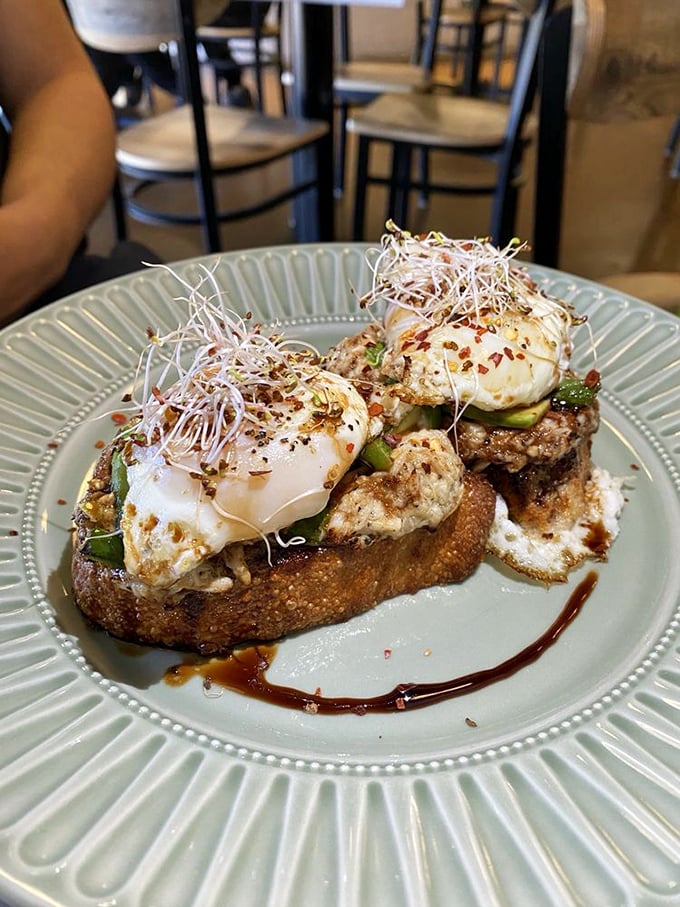 This Blue Crab Benedict isn't just breakfast, it's architecture&mdash;perfectly poached eggs perched atop crab and toast, crowned with delicate microgreens.