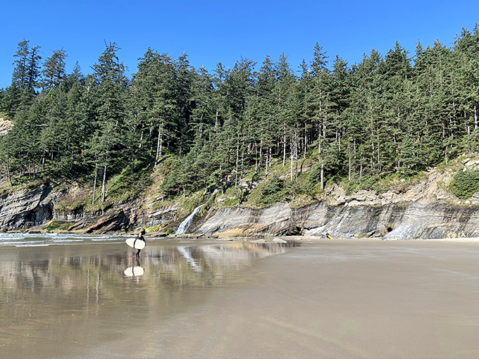 Towering evergreens cling to dramatic cliffs, creating a postcard-perfect backdrop that makes amateur photographers look like professionals.