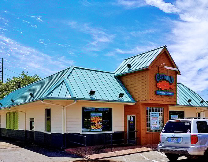 Captain D's bright turquoise roof signals a seafood oasis where antique hunters can refuel before diving back into the treasure hunt.