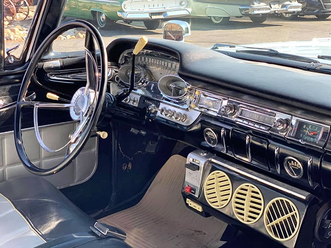 Dashboard dreamscape! Before touchscreens and voice commands, this symphony of chrome gauges and analog controls created the perfect pilot's cockpit for cruising America.