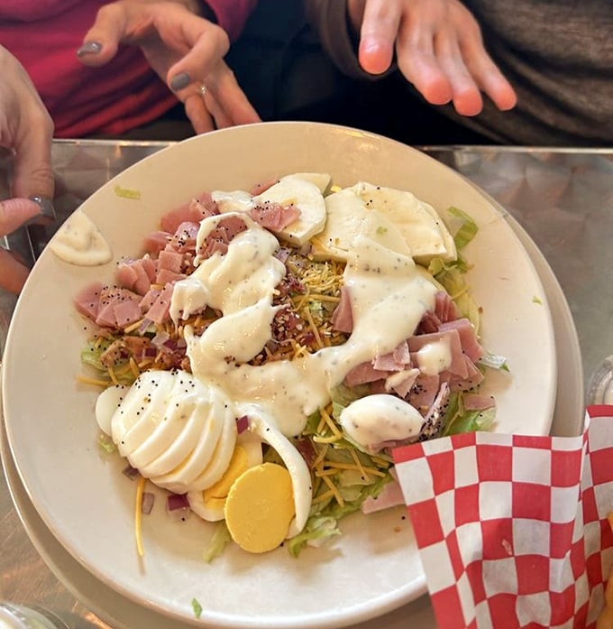 A chef salad that actually excites. This isn't your sad desk lunch&mdash;it's a colorful composition that makes vegetables feel like the main event.