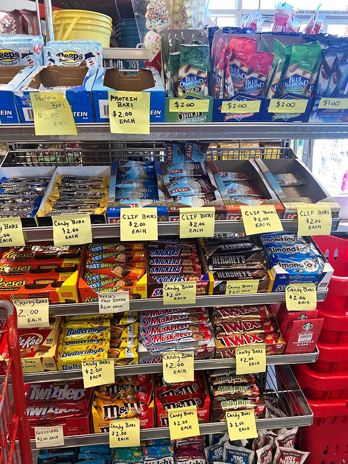 Even the candy aisle delivers sweet deals. Those yellow price tags announce savings that make grabbing an extra Snickers completely justifiable.