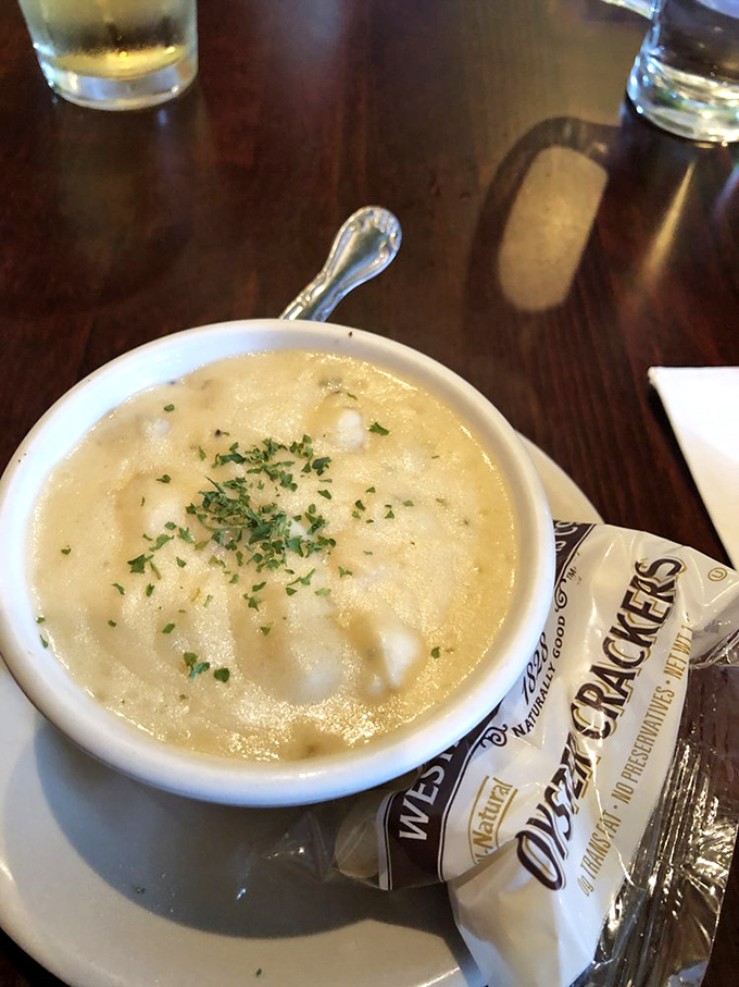 Clam chowder so creamy it should come with a warning label. That oyster cracker is about to take the plunge of a lifetime.