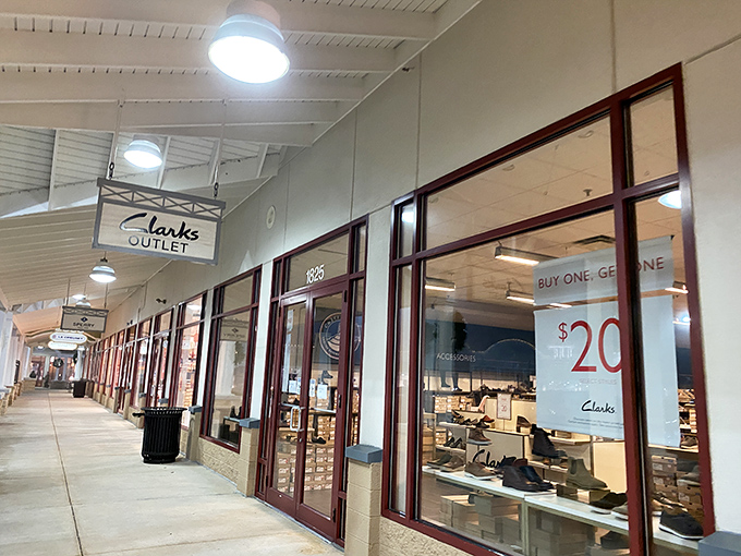 The Clarks Outlet promises foot salvation for the serious shopper. After mile three of retail marathoning, these windows look like an oasis.