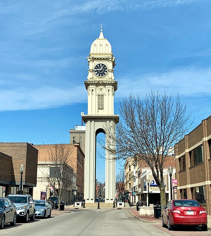 This slender clock tower stands like a timekeeper of downtown memories. Not just telling time, but marking generations of Dubuque life stories.