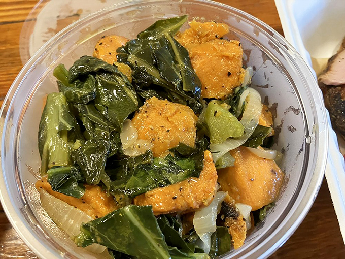 These collard greens and sweet potatoes aren't just sides—they're essential supporting characters in your barbecue story.