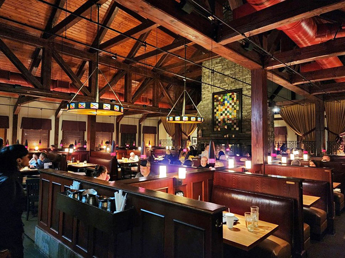 The dining room's warm wooden beams and soft lighting create the perfect backdrop for the real star of the evening &ndash; what's on your plate.