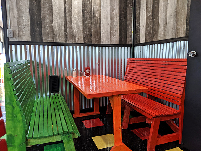 These colorful bench seats aren't just furniture; they're an invitation to settle in for a meal that deserves your full attention.