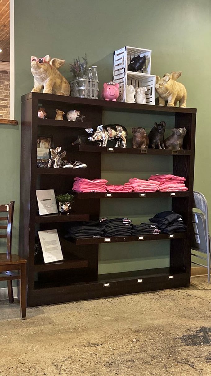 Pig figurines standing guard over merchandise. Because after tasting this barbecue, you'll want to take home a souvenir of your religious experience.