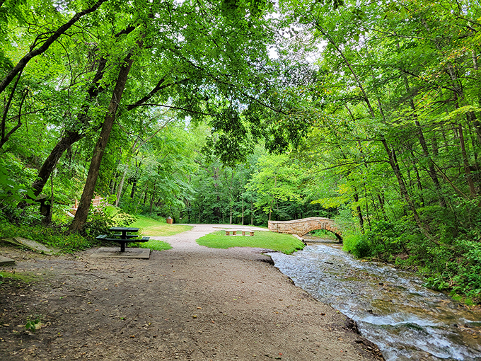Dunning's Spring Park offers nature's perfect soundtrack&mdash;rushing water that drowns out the voice in your head saying "you don't need another vintage teacup."