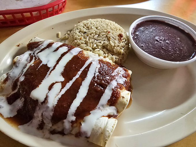 This enchilada isn't just covered in sauce&mdash;it's embraced by it. The zigzag of cream adds both visual drama and a cooling counterpoint to the spice. 