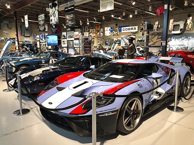 The Ford GT display showcases America's Ferrari fighters &ndash; red, white, and blue missiles that changed motorsport history with Detroit muscle.