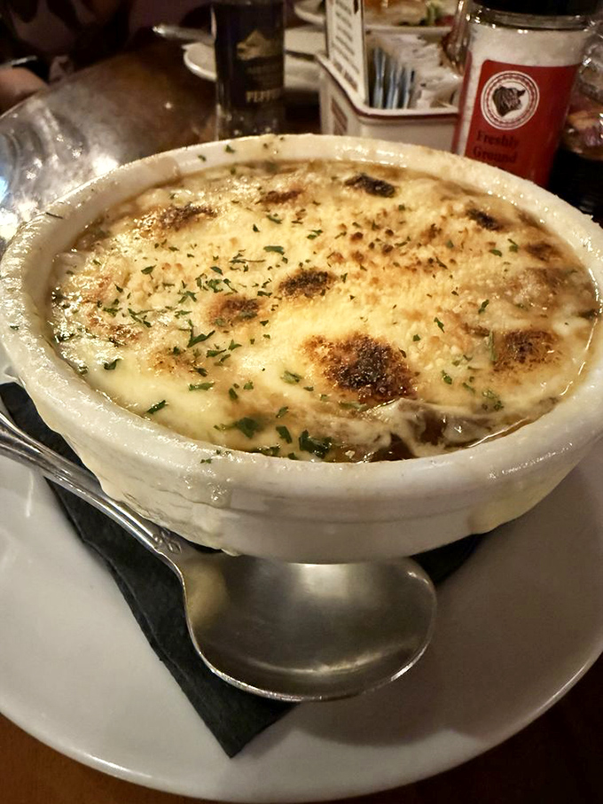 French onion soup that's crossed the line from appetizer to religious experience. That cheese pull could win Olympic medals if they had the right categories.