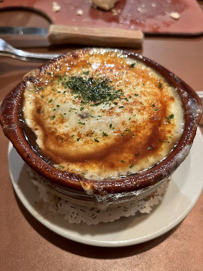 French onion soup with a cheese cap so perfectly browned, it deserves its own standing ovation.