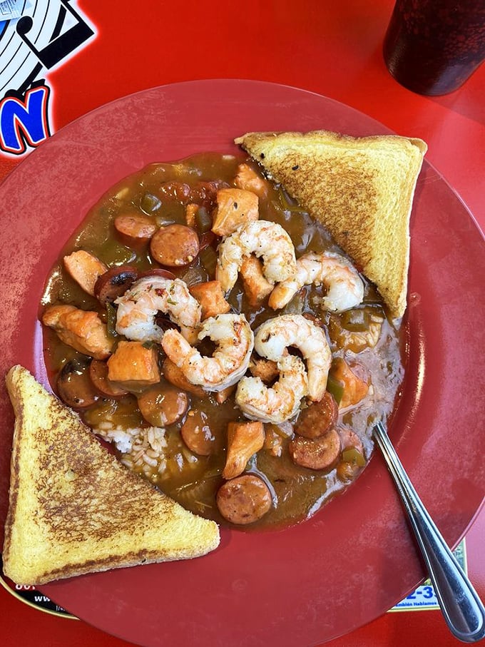 Gumbo that's swimming with shrimp and sausage, served with toast perfect for sopping up every last drop of that soulful broth.