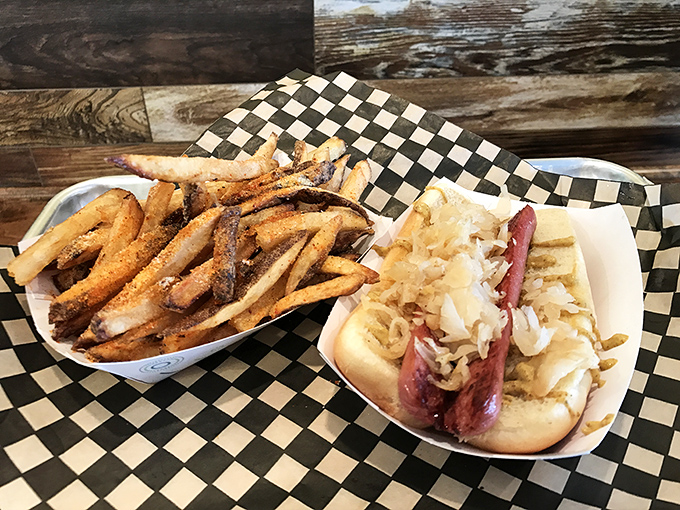 The hot dog you've been searching for your whole life. Perfectly grilled, generously topped, and those fries? Golden perfection.