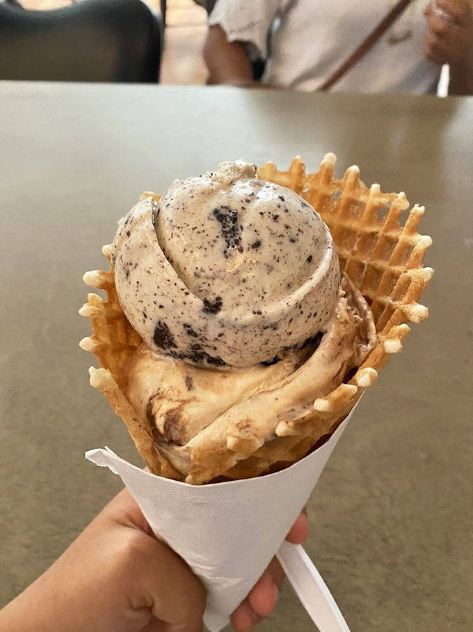 The waffle cone&mdash;architecture you can eat. This golden, crispy vessel cradles cookies and cream with the dignity it deserves.