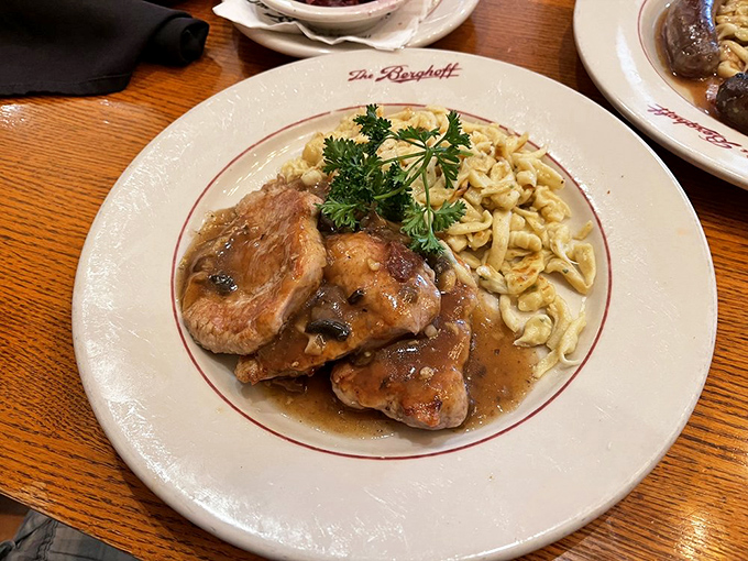 Jagerschnitzel and sp&auml;tzle: when a plate arrives looking this good, you almost feel bad destroying it. Almost.