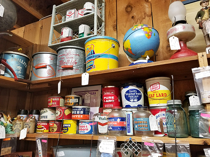 Vintage tins that once held the staples of American pantries now contain memories instead of coffee and lard. Each label is a tiny time capsule.