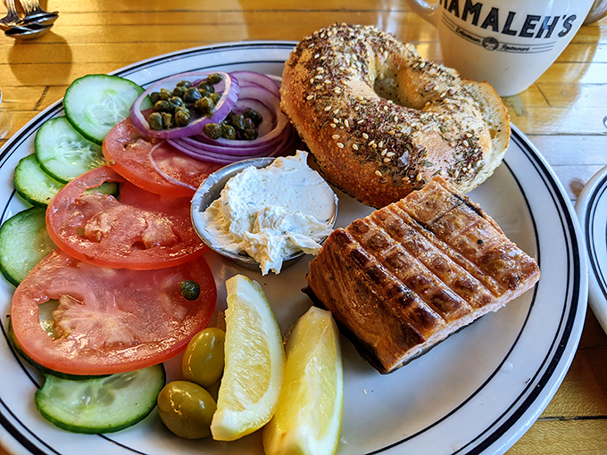 A bagel board that speaks volumes&mdash;fresh vegetables, capers, and salmon arranged with the precision of a Renaissance painting.