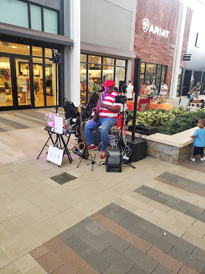 Live saxophone music: the unexpected soundtrack to your shopping spree. This gentleman turns "waiting for your spouse" into an impromptu concert.