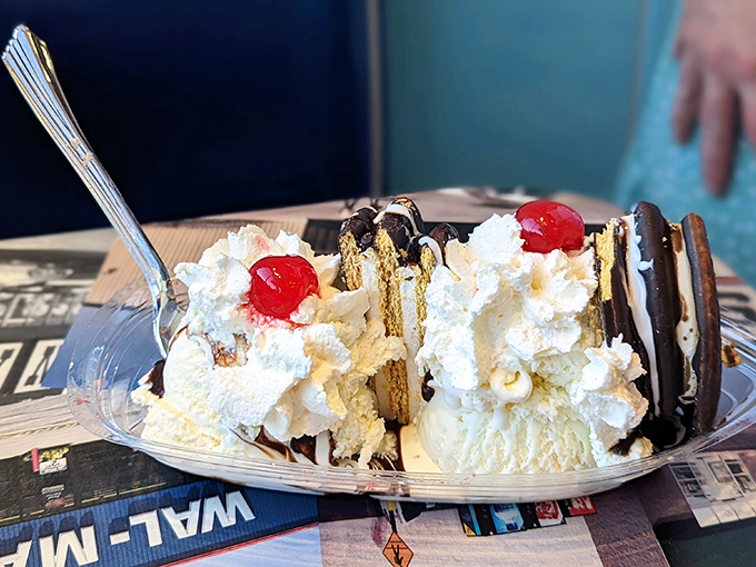 This isn't just dessert, it's engineering. Cookies balance precariously on mountains of ice cream, creating the Eiffel Tower of sweet architecture.