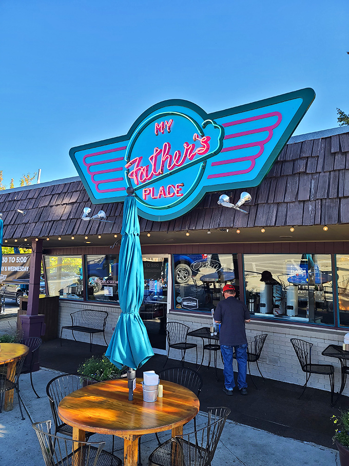 My Father's Place serves up nostalgia with a side of neon glow, proving that sometimes the best dining experiences come with a dash of roadside charm.