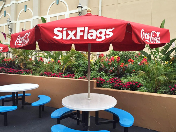These cheerful dining tables surrounded by flowers offer a peaceful moment to contemplate why you thought eating before riding was a good idea.