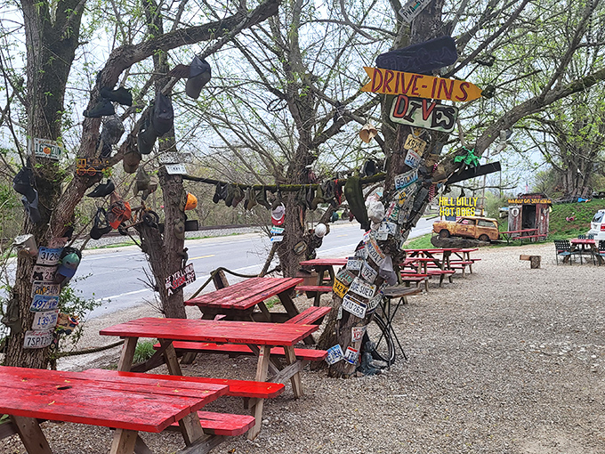 Outdoor seating where even the trees are decorated with memorabilia. These red picnic tables have witnessed countless food comas.