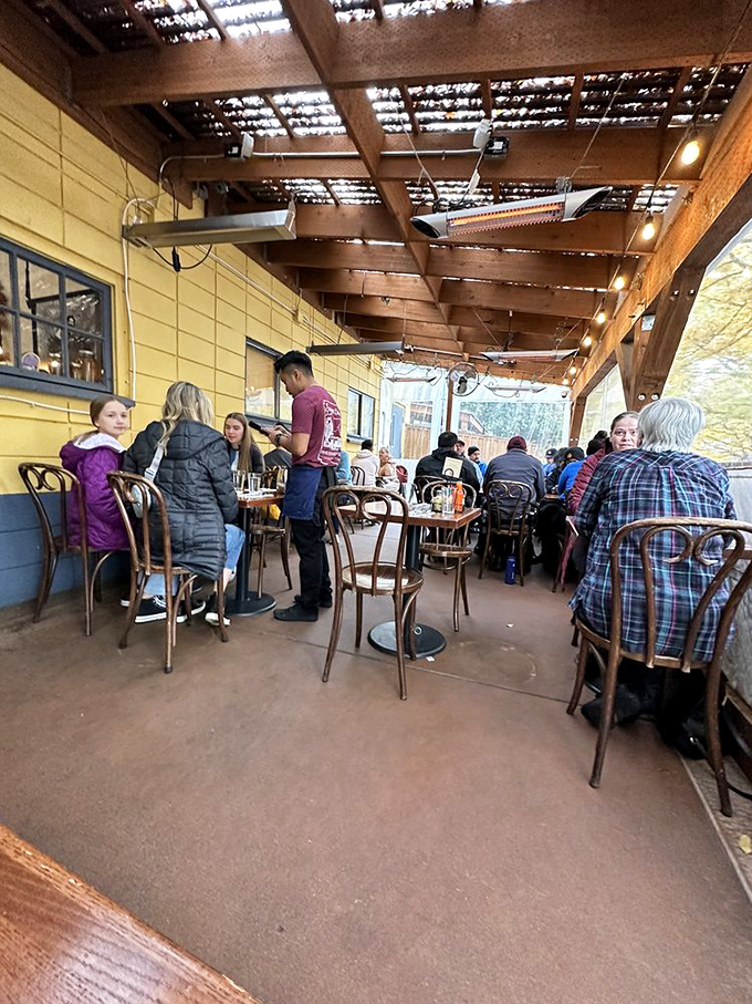 The covered patio offers al fresco dining with all the Southern charm, even when Oregon skies threaten rain.