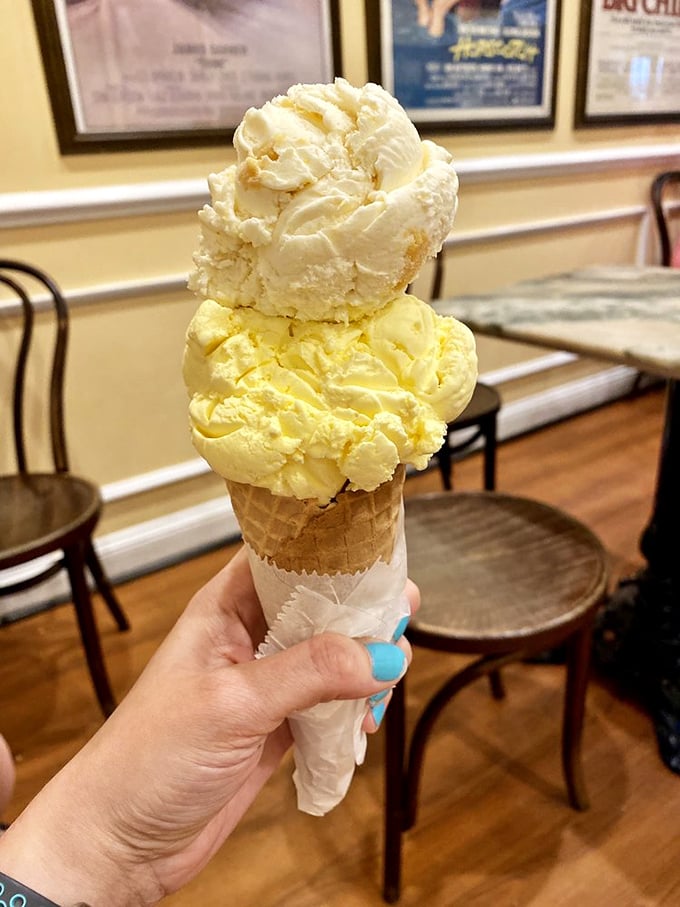 Two perfect scoops standing tall like the Washington Monument—if Washington had the good sense to build his monument from vanilla and lemon custard.