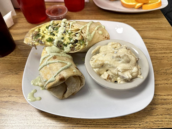 This wrap isn't just breakfast – it's edible architecture with a side of creamy goodness that makes Monday mornings bearable again.