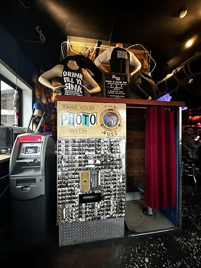 The vintage-style photo booth invites patrons to capture memories that might otherwise be lost to an evening of potent maritime libations.