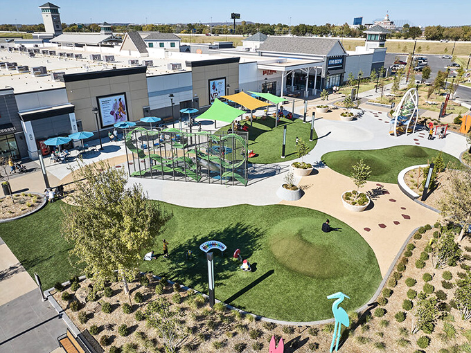 An aerial view of the playground reveals the designers' genius&mdash;parents shop longer when children have a magical outdoor space to explore.