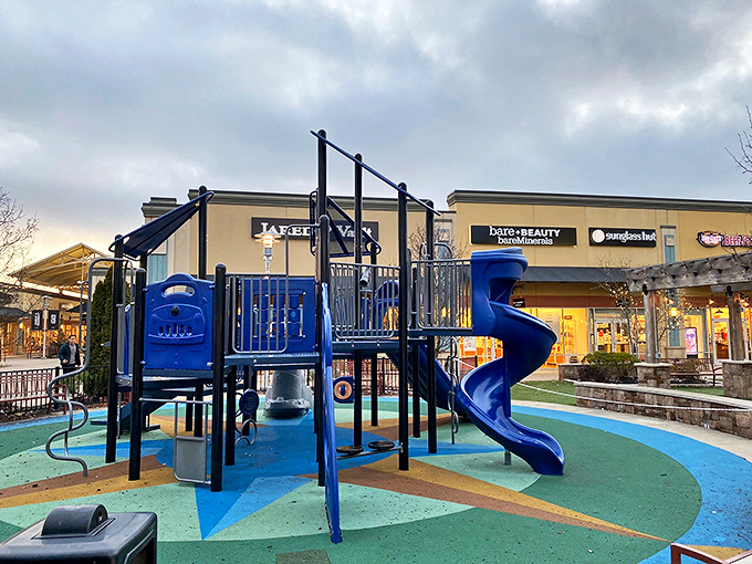 Genius placement of this playground &ndash; parents can briefly contemplate another store while watching little ones burn off that pretzel-induced sugar rush.