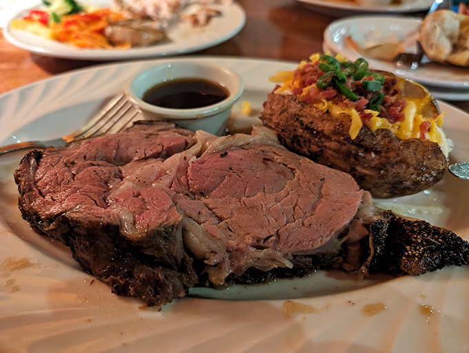 Prime rib cooked to rosy perfection alongside a loaded baked potato. Carnivores need not feel left out at this seafood haven.