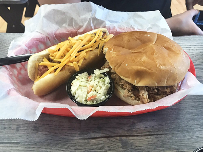 The classic pairing: a pulled pork sandwich and chili cheese dog that turn lunch into an event worth clearing your calendar for.