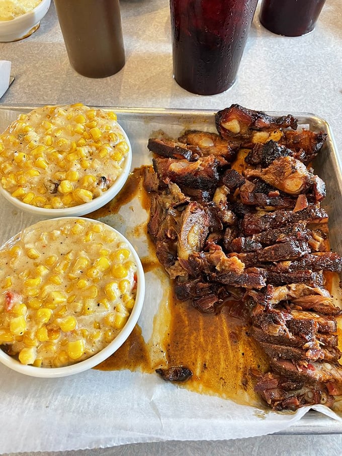 Rib tips glistening with sauce alongside creamed corn so good you'll want to write it love letters.