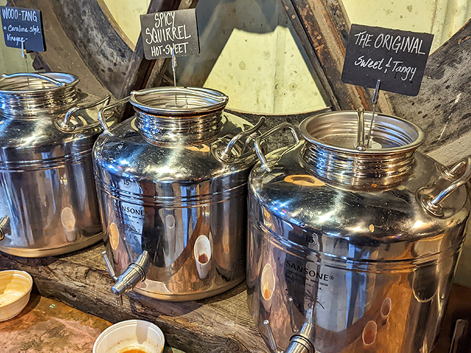 The sauce dispensers&mdash;labeled with helpful descriptions like "Spicy Squirrel" and "The Original"&mdash;stand ready to customize your meat, though the best bites need no enhancement.