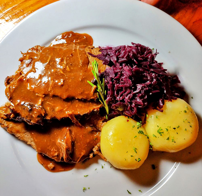 Sauerbraten with red cabbage and potato dumplings &ndash; Germany's answer to pot roast, but with an advanced engineering degree.