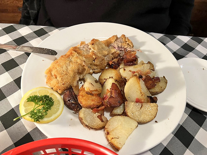 Schnitzel Cordon Bleu with those bacon-flecked potatoes&mdash;a plate that says "I may be European, but I understand the American love affair with excess."