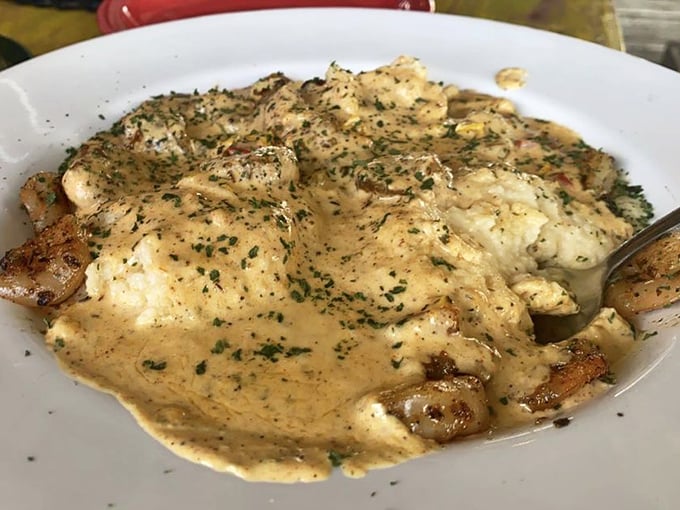 Shrimp and grits so creamy and rich, they could make a Southerner weep with joy. Comfort food that hugs you from the inside out.