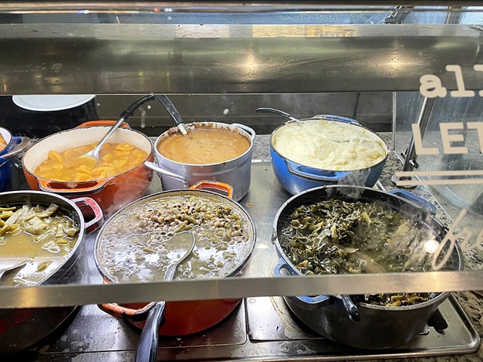 Comfort in bowls: mac and cheese, collard greens, and mashed potatoes standing by for duty. Southern cooking is all about layers of flavor.