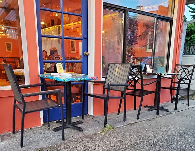 Sidewalk seating for those rare perfect Seattle days. The coral-colored exterior is like a beacon of warmth even when the Pacific Northwest drizzle threatens.