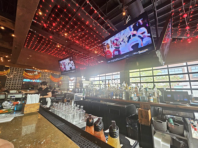 Behind the bar is where the magic happens, with bottles arranged like a liquid library waiting to be checked out.