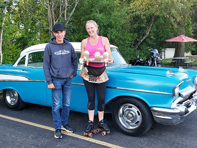 Classic cars and milkshakes create the perfect time-travel experience. No DeLorean needed&mdash;just 1950s Detroit steel and Eddie's frozen treats to complete the journey.