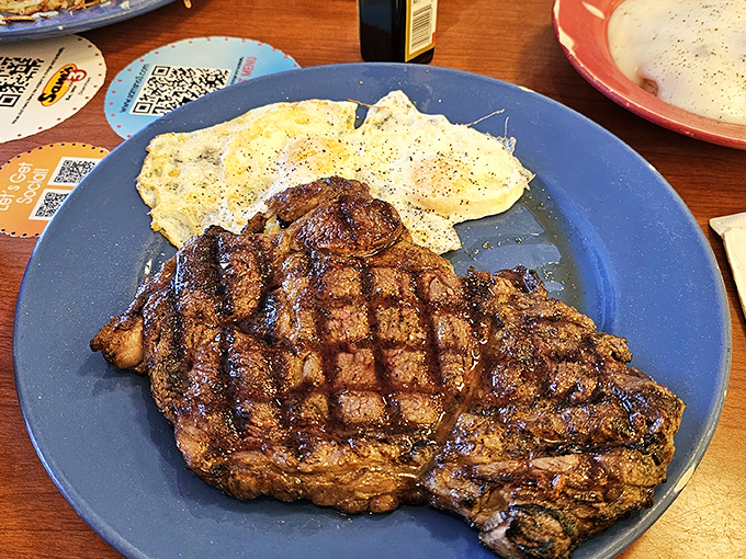 This steak didn't just kiss the grill&mdash;they had a full-blown romance. Paired with eggs for the breakfast of champions.