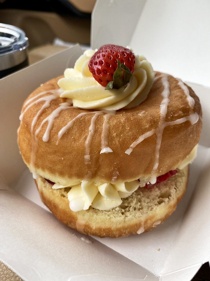 This strawberry shortcake donut, with its fresh berry crown and cream filling, thinks your childhood favorite dessert needs an upgrade.