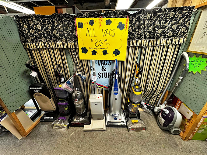 Vacuum cleaner graveyard or second-chance showroom? For $25, these dust-busting dinosaurs are ready for resurrection in a new home.