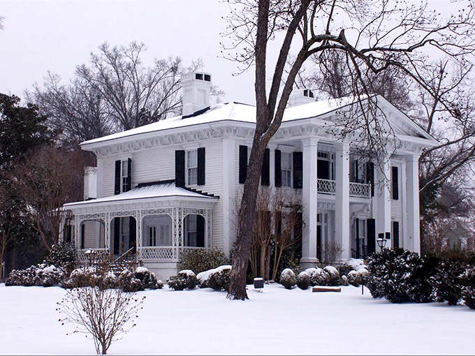 Abbeville's historic homes wear winter's occasional snow like elegant ladies donning white lace for a special occasion.